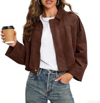 Generic Veste courte en daim synth&eacute;tique pour femme - Style d&eacute;contract&eacute; et l&eacute;ger - Pour lautomne et lhiver - V&ecirc;tements dext&eacute;rieur tendance, caf&eacute;, XL