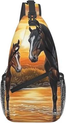 Generic Sac &agrave; dos &agrave; bandouli&egrave;re avec deux chevaux - Motif coucher de soleil - Sac &agrave; dos de voyage pour homme - Sac &agrave; dos de randonn&eacute;e