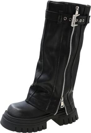 Generic Bottes montantes pour femme - Larges mollets - Style r&eacute;tro - Couleur unie - Talon &eacute;pais - Fermeture &eacute;clair - Antid&eacute;rapantes - Confortables - Pour laut