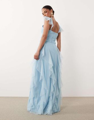 Lace & Beads Petite Robe longue en tulle &agrave; bretelles et volants - Bleu pastel