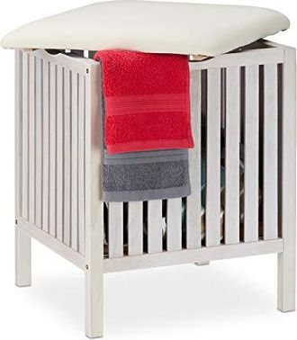 Relaxdays Wäschekorb mit Sitz, Badhocker, Landhausstil, 40 l Wäschesammler, Holz & Stoff, HxBxT: 53 x 41 x 41 cm, weiß