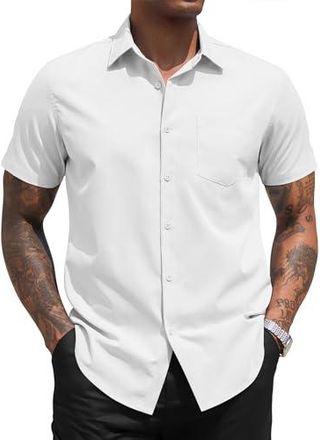 Coofandy Chemise Homme Manche Courte Été Chemises Casual Regular Fit Chemisette Business Chemise avec Poche Chemises Infroissable sans Repassage Blanc M