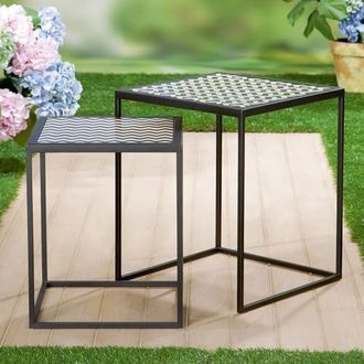 Gilde 2er Set Beistelltisch Circo - quadratisch - Metall - schwarz - Hahnentrittmuster - H&ouml;he 43cm x &Oslash; 36cm