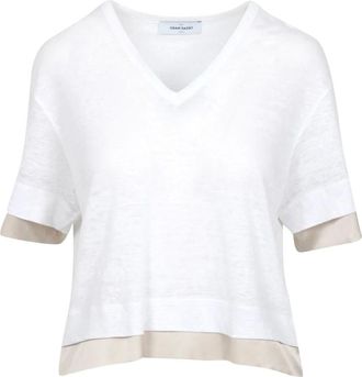 Gran Sasso Femme, Pulls, Blanc, Taille: 42 FR Pull Blanc en Mélange de Lin Col en V