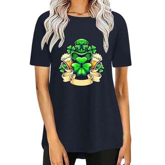 Generic T-shirt pour femme Irlande UK T-shirt pour femme Motif trèfle à manches courtes Col rond Imprimé graphique irlandais Coupe ample Décontracté Cadeau de