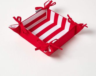 Homescapes Frühstückskorb rot gestreift, Brötchenkorb faltbar, Brotkorb eckig aus Stoff mit Wende-Design, Faltkörbchen Baumwolle