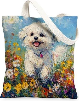 Generic Sac fourre-tout en toile motif bichon fris&eacute; printanier 33 x 38,1 cm, peinture &agrave; lhuile motif chiot fleur sauvage, sac d&eacute;picerie r&eacute;utilisable pour femm