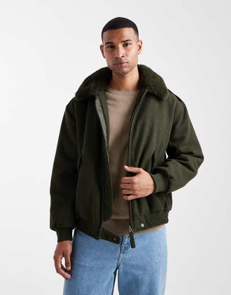 Asos Bomber aspect laine avec col en fausse fourrure - Vert foncé
