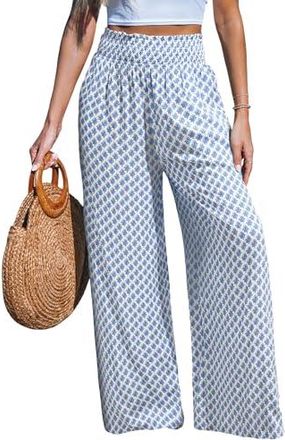 Cupshe Pantalon de vacances pour femme, coupe large, style tropical, taille haute, confortable, avec poches, bleu clair, XL