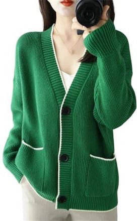 Generic Pull dhiver en tricot &agrave; col en V pour femme - Manches longues - Style d&eacute;contract&eacute;, vert, Taille L