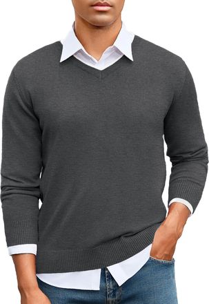 iClosam Herren V Ausschnitt Pullover Langarm Strickpullover M&auml;nner Winter Baumwollpulli Regular Fit Sweater Einfarbiger Herrenpullover f&uuml;r Layering,Dunkelgrau