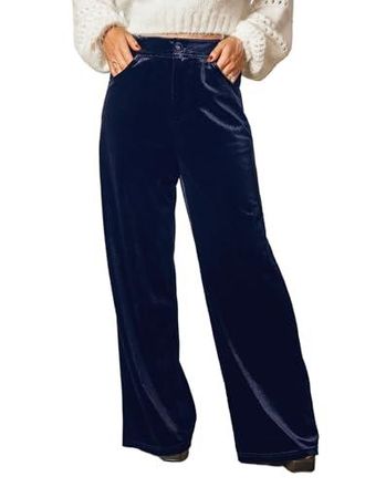 Cupshe Pantalon Palazzo en velours pour femme - Jambe large - Taille haute - Style d&eacute;contract&eacute; - Avec poches, bleu marine, L