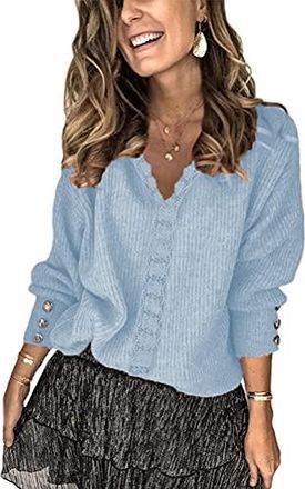 TOMWELL Femmes Col en V À Manches Longues Décontracté en Tricot Pull À Épaules Dénudées Sweatshirt en Tricot Manches Longues Chaud Pull Casual Printemps Autom