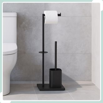 Relaxdays WC Garnitur, HBT: 67,5 x 20 x 15,5 cm, Metall, Klopapierhalter stehend, Klobürste, Ersatzrollenhalter, schwarz