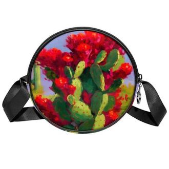 Generic Sac &agrave; bandouli&egrave;re rond pour femme, motif cactus rouge, petit sac &agrave; bandouli&egrave;re avec fermeture &eacute;clair, bretelles r&eacute;glables, sac &agrave; main rond d&eacute;contract&eacute;