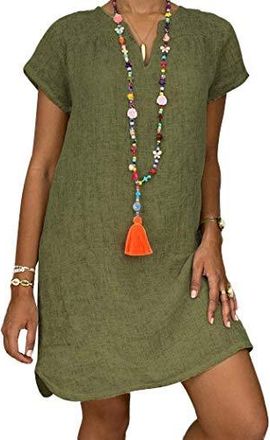 Onsoyours Femme de Robe Été Plage Rétro Robes Col V Lin Robes au Genou Manches Courte Unie Casual Chic Tuniques Ample sans Accessoires Armée Verte 50