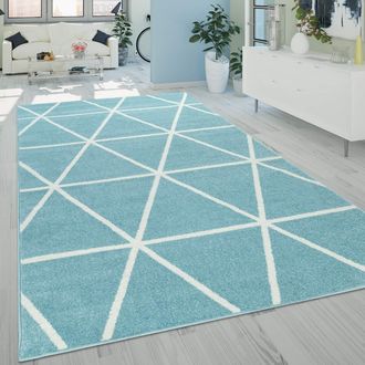 Paco Home Teppich Wohnzimmer Skaninavisches Rauten Design Weich Pastellfarben Kurzflor Blau Weiß, Grösse:60x100 cm