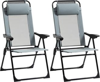 OUTSUNNY Lot de 2 chaises de jardin camping pliables - dossier inclinable 5 positions - t&eacute;ti&egrave;re incluse - acier &eacute;poxy oxford textil&egrave;ne noir