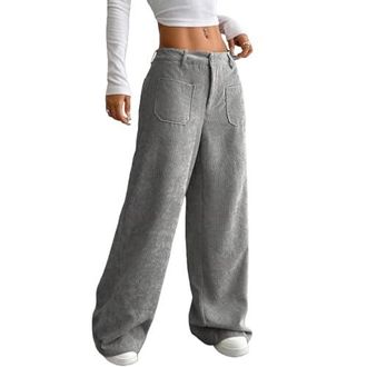 Generic Pantalon décontracté en velours côtelé pour femme - Jambe droite - Doux - Uni - Pantalon long tendance avec poches pour femme, gris, XS