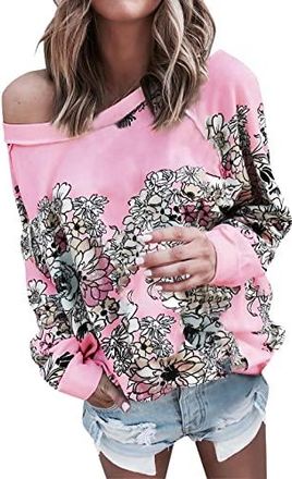 Generic Robes boh&egrave;me 2026 pour femmes, imprim&eacute; floral, chemise &agrave; manches longues, &eacute;paules d&eacute;nud&eacute;es, hauts amples, rose, L