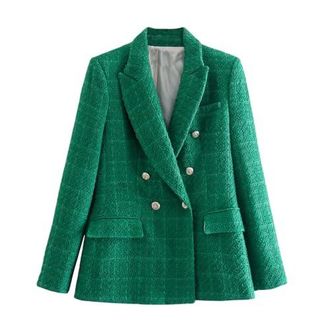 Generic Blazer en tweed &agrave; manches longues et double boutonnage ouvert sur le devant avec poches pour femme, Vert, XXL