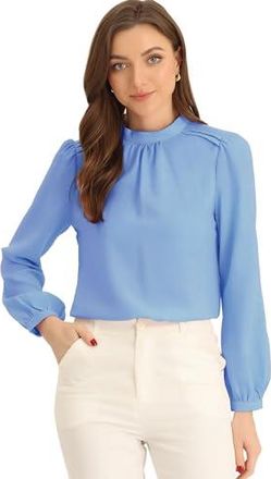 Allegra K Chemise en Mousseline de Soie Femmes Chemisier à Manches Longues Bouffantes Col Montant Blouse Élégant pour Bureau Bleu XS
