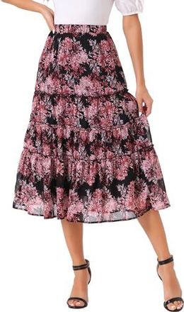 Allegra K Jupe Mi-Longue Femme été Jupe Florale Trapèze Fluide Taille Élastique en Mousseline de Soie pour Vacances Roses Noires XL