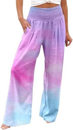 Generic Pantalon en coton et lin pour femme - Jambe large - Pantalon de plage d&eacute;t&eacute; confortable - Pantalon de yoga Palazzo - XIYU26091, violet, XXL