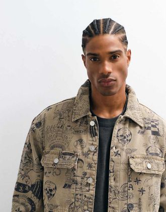 AllSaints Sherb illustrative Grafik-Logo-Canvas-Jacke in Braun