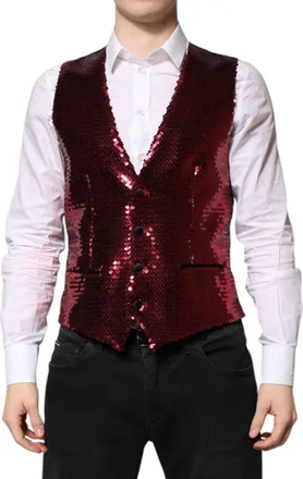 Dolce & Gabbana Red Sequined Dress Formal Men Waistcoat Vest Nylon Polyester Silk Elastane