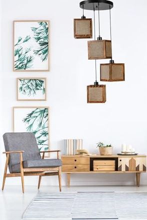 Opviq Elegant Chandelier with FIR Wood Body & Natural Fabric Cap, Adjustable Height 70 cm, Rattan & Walnut Finish, E27 Socket, Perfect for Modern Spaces