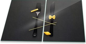 Decorwelt | Herdabdeckplatten 2x40x52 cm 2-Teilig Nudeln Schwarz Gelb Ceranfeld Universal Spritzschutz Glas Deko Elektroherd Induktion für Kochplatten Herdschut