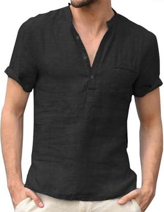 Generic Chemise d&eacute;contract&eacute;e en lin pour homme - Couleur unie - T-shirt ample &agrave; manches courtes - Style t-shirt &agrave; manches longues - Coupe ajust&eacute;e, Noir, 3XL