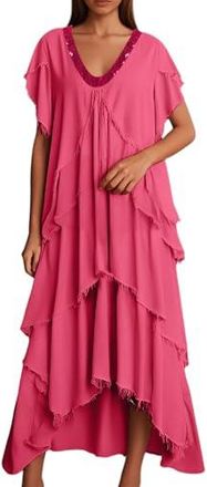 Generic Robe amincissante en lin pour femme - Manches courtes - Col en V - Grande taille - D&eacute;contract&eacute;e - Longue plage, rose vif, XXL