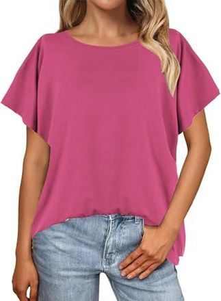 Generic Chemisier uni à manches courtes pour femme - T-shirt surdimensionné à manches chauve-souris - Haut ample - Vêtements pour la vie quotidienne - Cadeaux