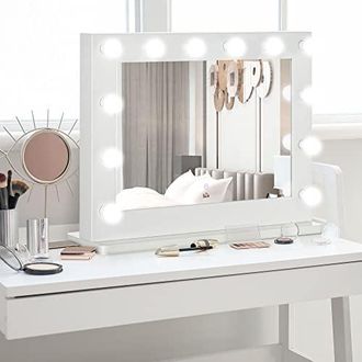HOMCOM Miroir Maquillage Hollywood Lumineux LED Tactile L80 x H60 cm Miroir Lumineux sur Table avec 12 LED, luminosit&eacute; r&eacute;glable, Fonction m&eacute;moire - Blanc
