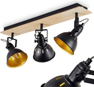 HOFSTEIN Deckenleuchte Tina, moderne Deckenlampe aus Metall/Holz in Schwarz/Chrom/Gold/Hellbraun, Leuchte im Retro-/Vintage-Design mit verstellbaren Schirmen u