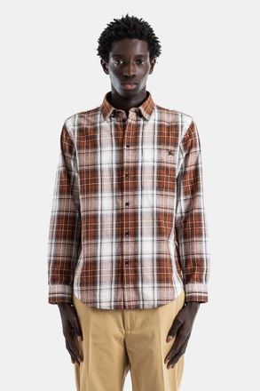 Burberry Mens Roland Grand Check Rust White Button-Down Cotton Shirt Orange