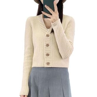 Generic Cardigan dhiver en cachemire pour femme, col en V, couleur unie, haut ample, manches longues, col en V, boutonn&eacute;, Beige, XL
