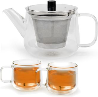 Bredemeijer einwandige Glas-Teekanne 1.1 Liter - kleine gläserne Kanne Set mit 2 doppelwandigen Teetassen & Teefiltersieb aus Edelstahl