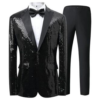Generic Smoking &agrave; paillettes pour homme 3 pi&egrave;ces Coupe ajust&eacute;e Un bouton Robe Costume Veste Blazer Brillant Ensemble avec noeud papillon, Noir, 3XL