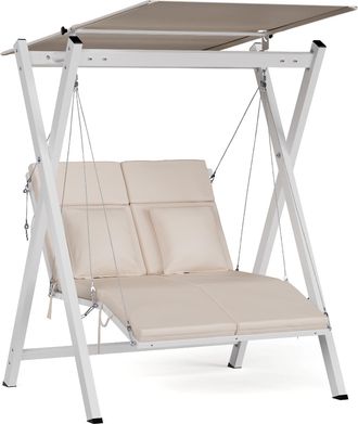 Blumfeldt FlexiSwing Hollywoodschaukel 2-Sitzer - Verstellbare Rückenlehne & Sonnendach, 160 kg Belastung, Wetterfester Stahlrahmen, Dicke Kissen Für Komfort