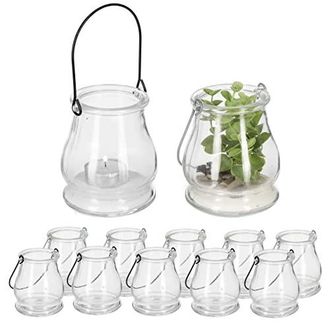 Relaxdays Windlicht, 12er Set, Glas, Silberne & Schwarze Henkel, innen & au&szlig;en, Teelichthalter, 10 x 8,5 cm, transparent