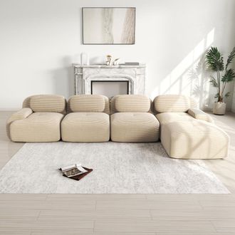 Generic Ecksofa 4-Sitzer mit Chaiselongue, Beige - 32D hochelastische Polsterung, rutschfest, extrabreite Armlehnen, modular, ohne Montage - Ideal f&uuml;r B&uuml;ro, W