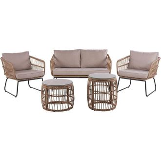 Beliani Beliani - Salon de Jardin en Rotin Naturel Clair 3 Fauteuils et 2 Tables Rondes 4 Places Boho et Rustique Ravello