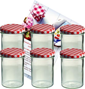 MamboCat 6er Set Sturzglas 435 ml Marmeladenglas Einmachglas Einweckglas to 82 rot Karierter Deckel incl. Diamant-Zucker Gelierzauber Rezeptheft