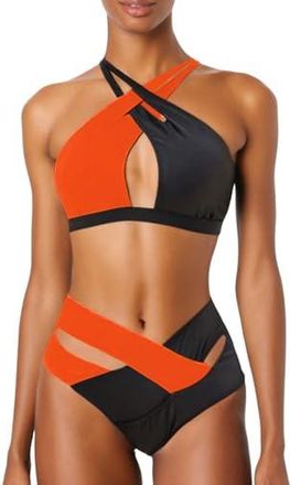 Generic Montre num&eacute;rique pour homme et femme - 2 pi&egrave;ces - Maillot de bain dos nu - Bikini avec jupe couvrante, Orange, L