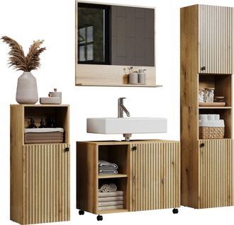 Trendteam PureBliss - Badezimmer Komplettset (WBU + Spiegel 80cm + Standschrank + Hochschrank) - Evoke Eiche - Rillenoptik - Aufbaumaß (BxHxT) 180 x 190 x 40cm 