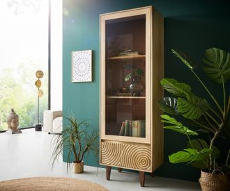 DELIFE Vitrine Budaya 60x165 cm Mango Natur 2 T&uuml;ren Fu&szlig; vierkant, Vitrinen