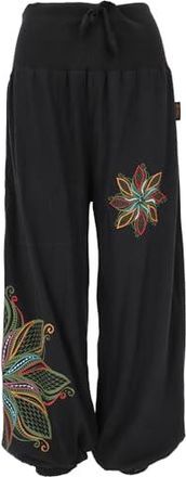 Guru Shop Guru-Boutique, Pantalon de Harem &agrave; Taille Large Avec Broderie Florale, Noir, Ducoton, Size:L/XL (44), Pantalon de Harem Pantalon Sarouel